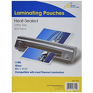Royal Sovereign 3 Mil, Letter Size 11.25" x 8.75" x 0.7" Inches, Thermal Laminating Clear Gloss, 200 Pouches (SCR-003)