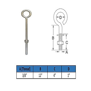 10 PC 3/8" x 12" Stainless Steel Forge Style Marine Wire Turned Eye Bolt Nut Washers 140 Lb Cap.