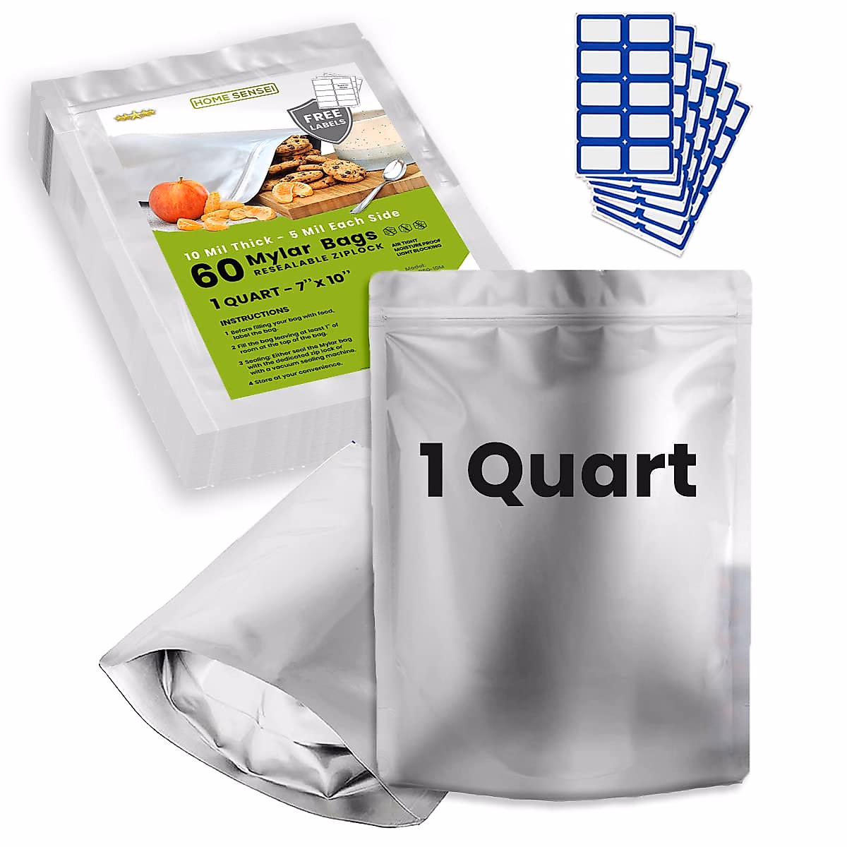 60pcs 1 Quart Mylar Bags for Food Storage - ExtraThick 10 Mil - Smell Proof Mylar bags 1 Quart - Stand-Up Zipper Pouches 7" x 10" - Small Mylar Bags for Food Storage - Heat Sealable