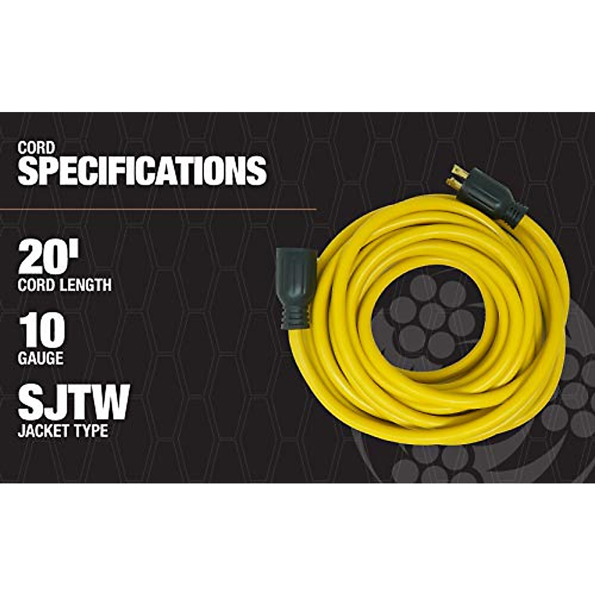 Southwire 65172840 20-Foot 30Amp Generator Cord, 10-Gauge Heavy Duty Electrical Power Cable with L14-30 Locking Plug, 125V / 250V, Yellow, Feet, Black