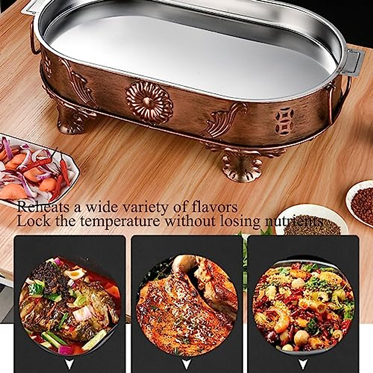 Oval Chafers and Buffet Warmers Stainless Steel Chafing Dish Buffet Set Large Seafood Platter Tray with Food & Water Pan, Frame, Fuel Holder for Event Party Holiday (55CM)