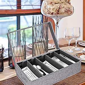VERONLY Silverware Storage Box - Flatware Case Chest Box, 5 Compartment Tableware Cutlery Container with Removable PVC Lid and Easy to Carry Handles,Large Capacity Utensils(Light Grey)