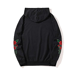 WDIRARA Men's Floral Graphic Print Drawstring Pocket Hoodie Sweatshirt Black XXXL