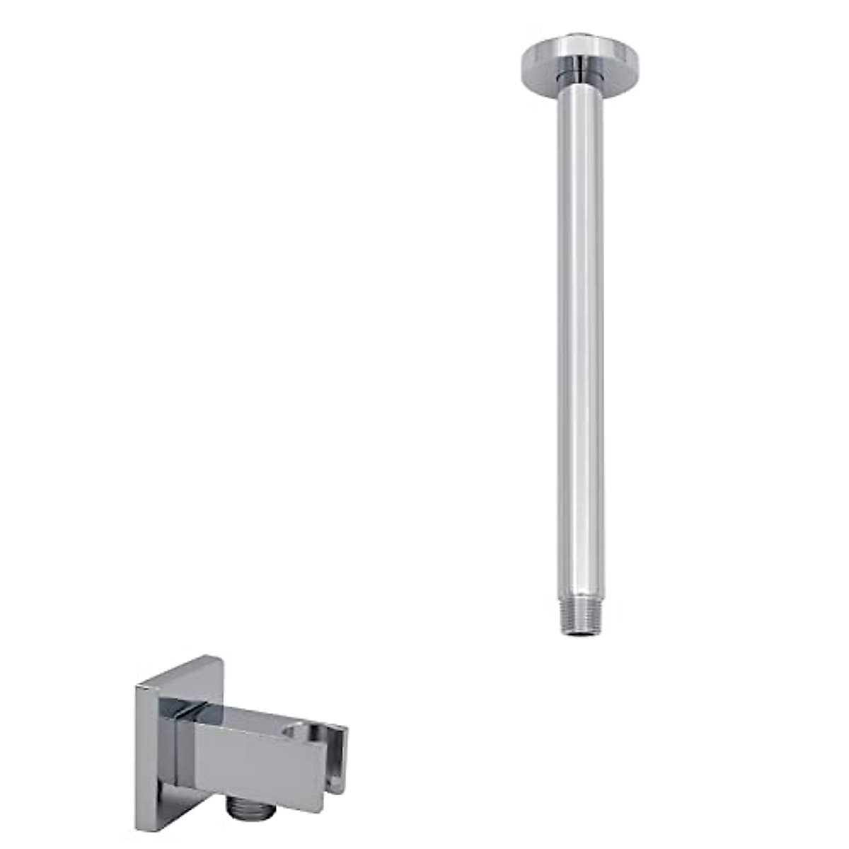 Aquaiaw Shower Arm and Wall Supply Elbow Bundle, 12 inch Ceiling Mount Shower Arm with Anti-Scratch Flange, Wall Union with Handheld Shower Head Holder, Both Solid Brass, Both Polished Chrome