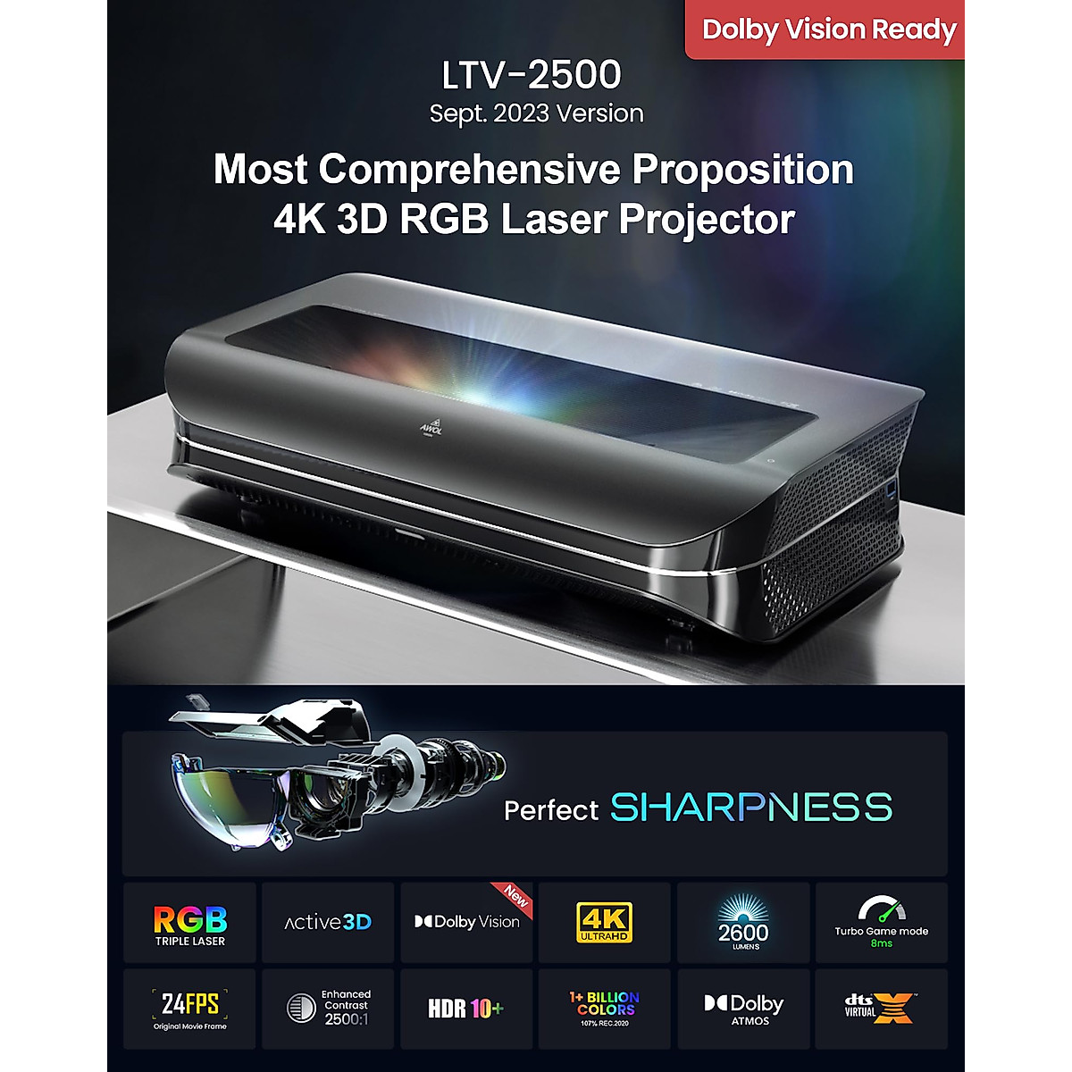 AWOL VISION LTV-2500 4K UHD Ultra Short Throw Triple Laser Projector, 150", 3D, 2600 Peak Lumen, HDR10+ with Dolby Atmos, UST Laser TV Projector Without Color Wheel (Fire TV Stick 4K Max Included)