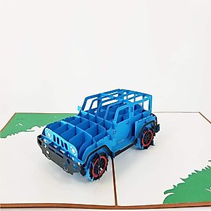 POP CARD EXPRESS Blue Jeep Pop up Birthday Card, Thank You Card, Love Card, Graduation Card, Anniversary Card, Just Because, Romantic Cards for Man, Woman, Lady, Girl, Boy Jeep Pop Up Card (Blue)
