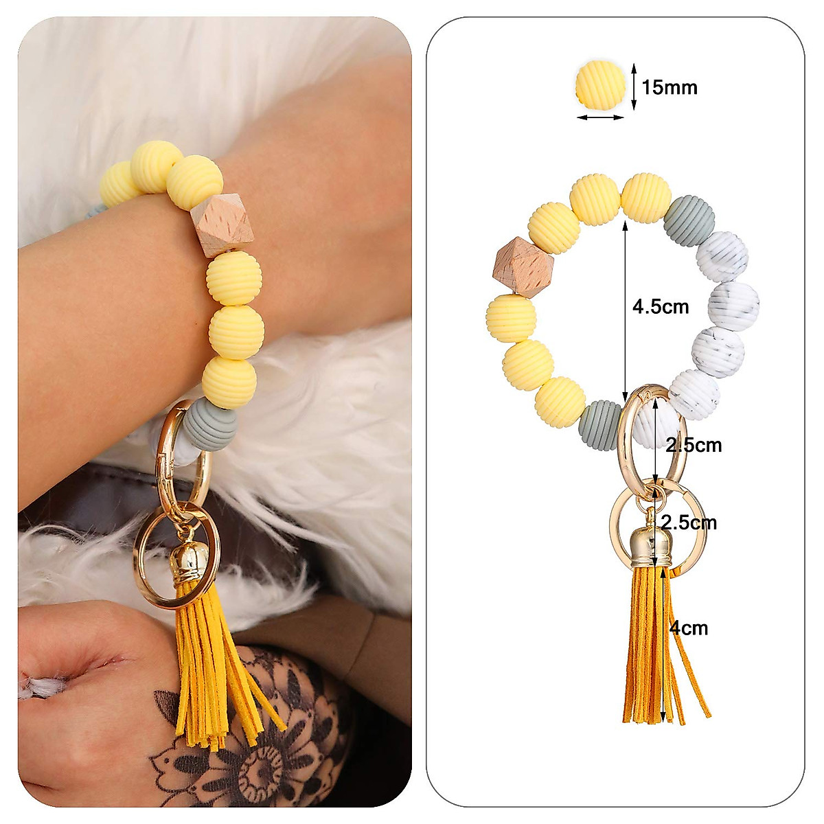 PYMEDY Wristlet Bracelet Keychain for Women Quality Silicone & Hardware Keys Holder Tassel Beaded Keyring Yellow