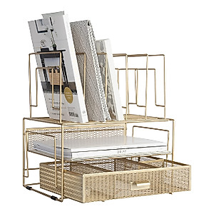 BLU MONACO Gold Desk Accessories and Workspace Organizers, Desktop Organizer - Cute File Organizer for Desk and Drawer Storage for Office Supplies, Paper, Device and Folders - File Holder