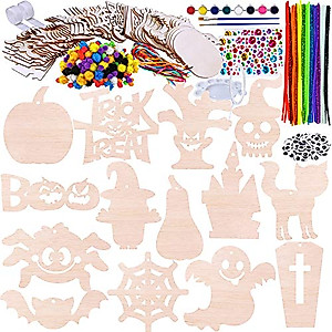 Winlyn 56 Sets Halloween Decorations DIY Hanging Wooden Halloween Ornaments Halloween Craft Kits Paintable Unfinished Wood Pumpkin Ghost Spider Googly Eyes for Kids Art Activity Trick or Treat Décor