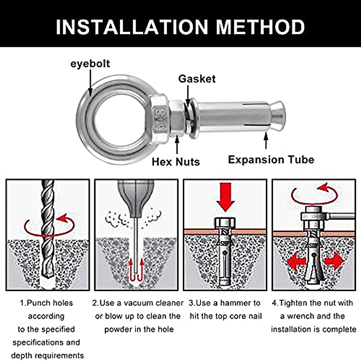 Augiimor 5PCS M6 x 60mm Ring Lifting Expansion Eyebolt Bolt Screw, 304 Stainless Steel Wall Concrete Brick Anchor Bolt