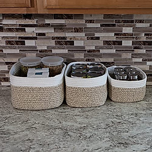 Home-Complete 3-Piece Set Small, Medium, and Large Rope Baskets for Makeup, Towel, Nursery, Office and Classroom Storage, White and Natural