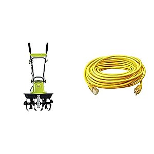 Sun Joe TJ604E 16-Inch 13.5 AMP Electric Garden Tiller/Cultivator,Black & Southwire 2589 100-ft 12/3 SJTW Outdoor, Heavy Duty 3 Prong Power, 100 ft, Yellow