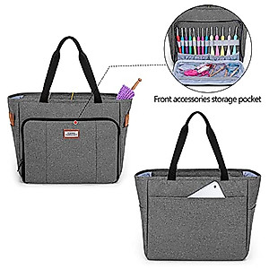 CURMIO Knitting Tote Bag, Yarn Storage Bag with Pockets for Crochet Hooks, Knitting Needles, Knitting Project and Accessories, Gray (Bag Only, Patented Design)
