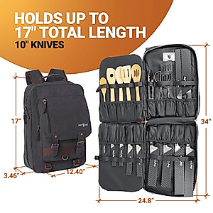 Chef Knife Bag Retro Backpack | 20+ Slots for Knives and Chef Tools | Knife Carrying Case with Hidden Back Pocket for Tablet | Sturdy Knife Bags For Chefs & Culinary Students | Premium Canvas (Black)