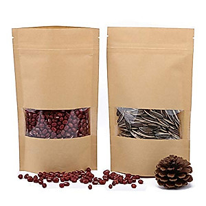 Katfort Stand Up Pouches 100pcs, 7.8''×4.6'' Resealable Bags for Small Business, Resealable Kraft Paper Bags with Window, Paper Bakery Bag for Small Business, Family, Company