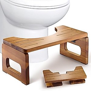 BLUEWEST Foldable Toilet Stool, Acacia Wood Poop Stool for Potty Training, 7 Inch Collapsible Bathroom Stool, Folding Stool for Adults with Non-Slip
