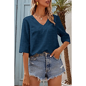 Grlasen Women's Fashion Half Sleeve V-Neck T-Shirt Solid Loose Basic top A-Navy