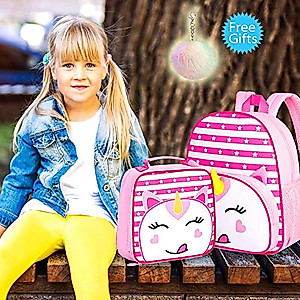 ZLYERT 3PCS Toddler Backpack for Girls, 12" Unicorn Preschool Bookbag with Lunch Box, Cute Animal Kids Kindergarten Schoolbag - Pink