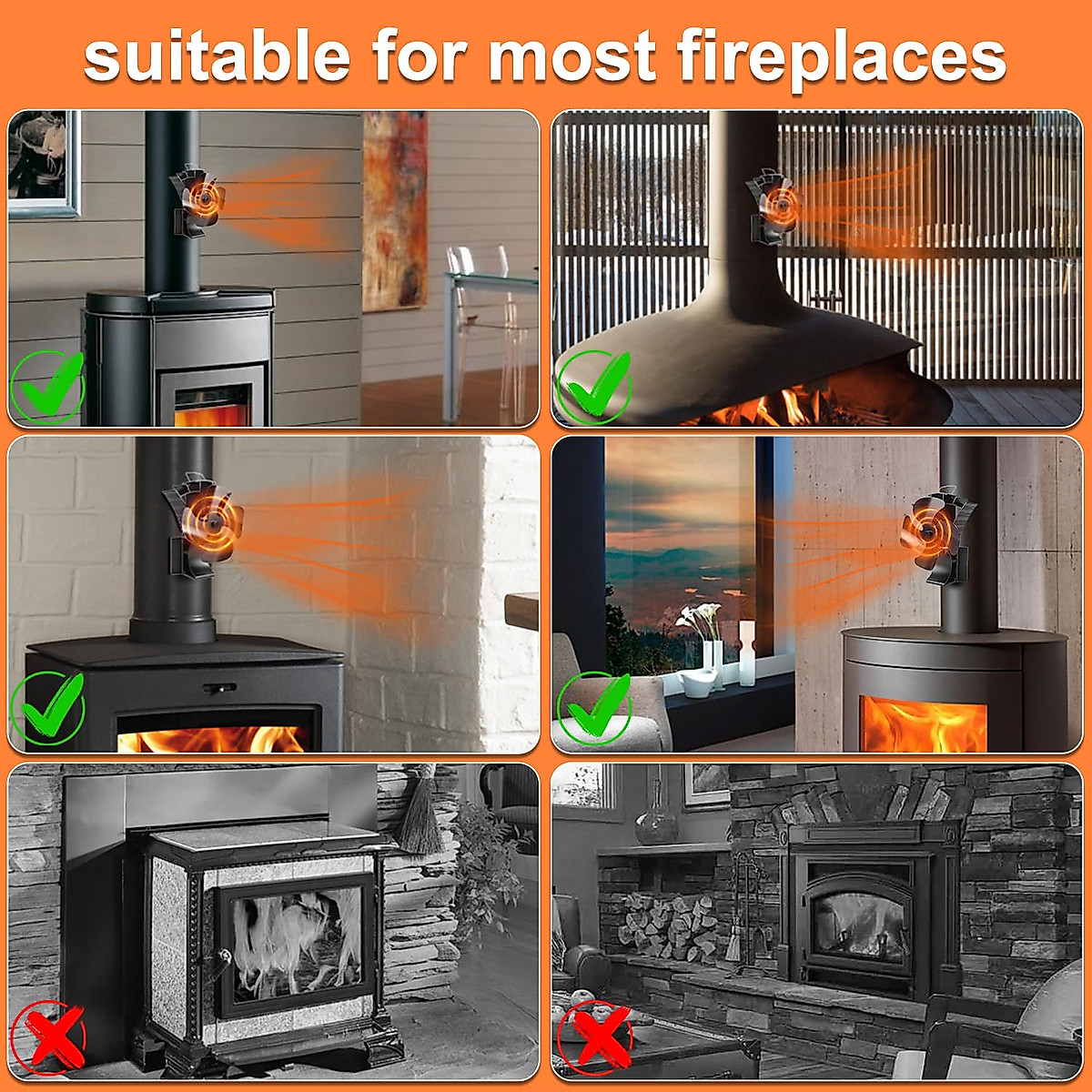 VODA 3-in-1 Stove Fan with Magnet, Heat Powered Fan with Adjustable Band- 4 Blades Woodburner Fan for Wood Stove/Fireplace/Stove Pipe, Wood Burning Stove Top Fire Fan