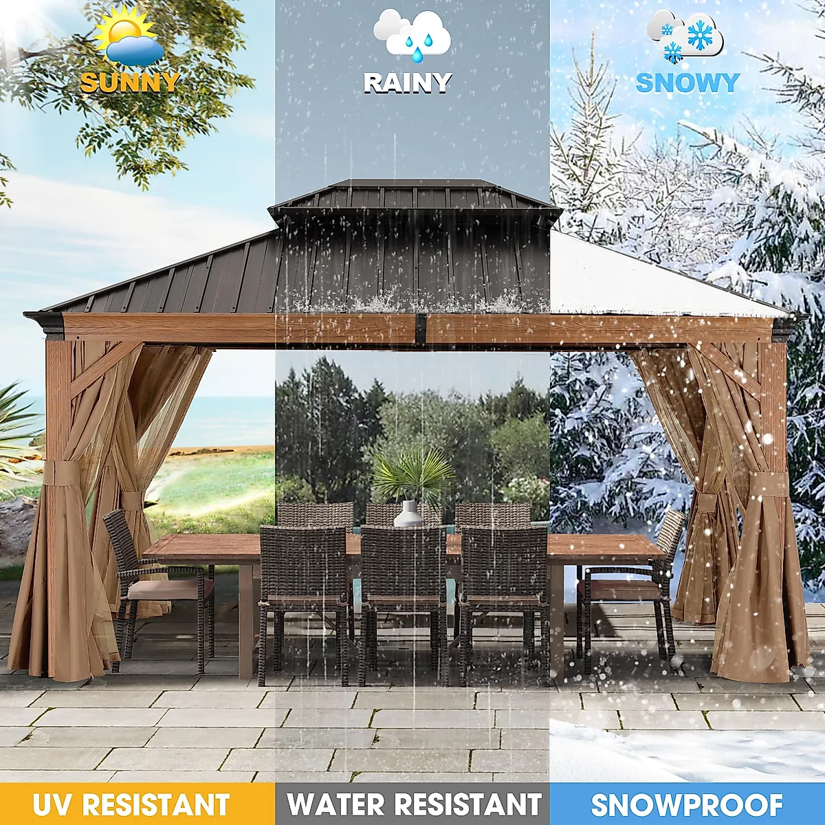 ABCCANOPY Hardtop Gazebo 12x16 - Outdoor Metal Hard Top Gazebo, Permanent Galvanized Steel Aluminum Framed Pavilion with Netting and Curtain for Patio Backyard Lawn Garden (Double Roof, Wood Grain)