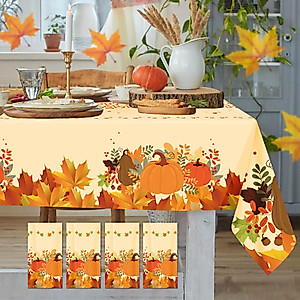 4 Pack Thanksgiving Fall Tablecloths, Pumpkin Maple Leaves Table Cloth Disposable Plastic Autumn Harvest Thanksgiving Table Cover for Dinner Kitchen Party Holiday Decorations, 54” x 108” Rectangle