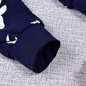 2PCs Baby Deer Print Hoodies with Pocket Top + Striped Long Pants Autumn Outfit Set (6-12M(Tag80), Grey&Dark Blue)