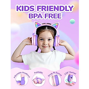 iClever Kids Bluetooth Headphones, Light Up Cat Ear, Safe Volume 74/85dBA,60H Playtime,Bluetooth 5.3,USB C Charging,Wireless Kids Headphones AUX Cord for iPad Tablets School Travel,Meow Cookies-Purple