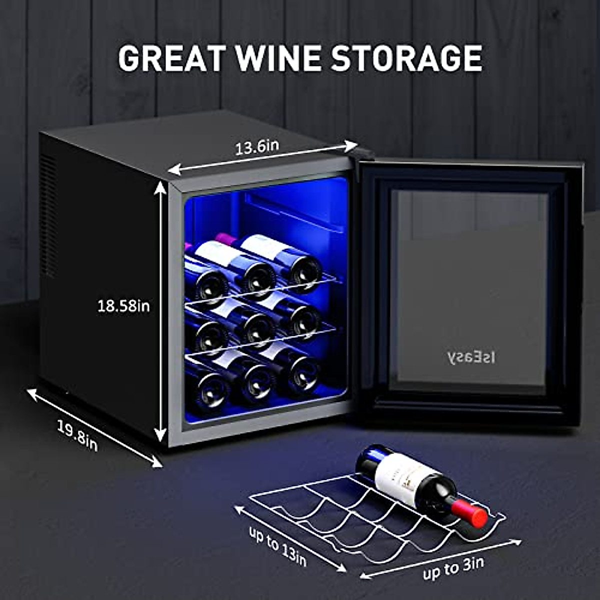 IsEasy 12 Bottle Wine Cooler, Mini Wine Cellar Adjust Temp 46°F-66°F Quiet Freestanding Wine Refrigerator Counter Top Bar Fridge for Kitchen, Home Bar, RV (UPGRADE)