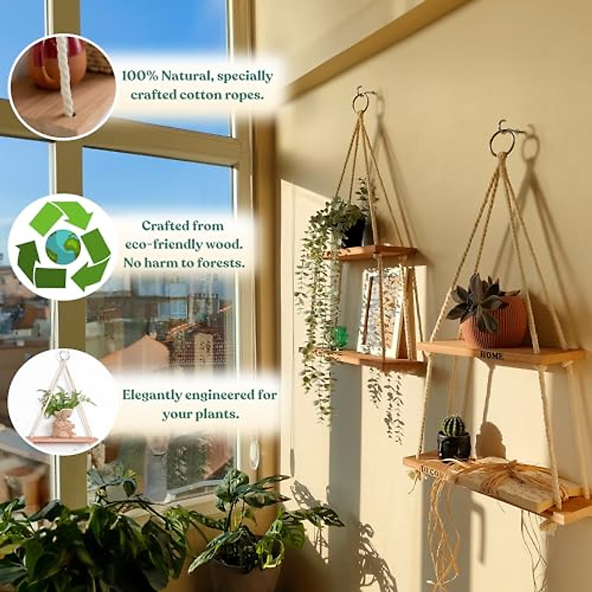 Hanging Shelves for Wall, Hanging Plant Shelf, Wooden Boho Shelves for Fall Bedroom Decor, Floating Rope Shelves Boho Wall Hanging Decor Living Room Wall Shelfs, Small Hanging Wall Shelves Bathroom