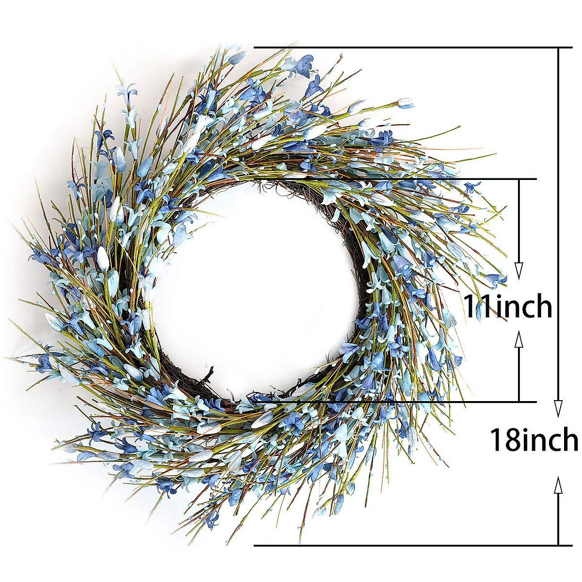 Bibelot 18inch Artificial Forsythia Flower Wreath, All Year Around Wreath for Front Door, Wedding Window Home Wall Indoor Front Door Decor (Blue, 18in)