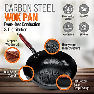 Homeries Wok Pan - 12.8" Woks and Stir Fry Pans, Carbon Steel Wok with Wooden Handle and Lid and 2 Spatulas - Non-Stick Flat Bottom Wok Frying Pan Suitable for Electric, Induction, and Gas Stoves
