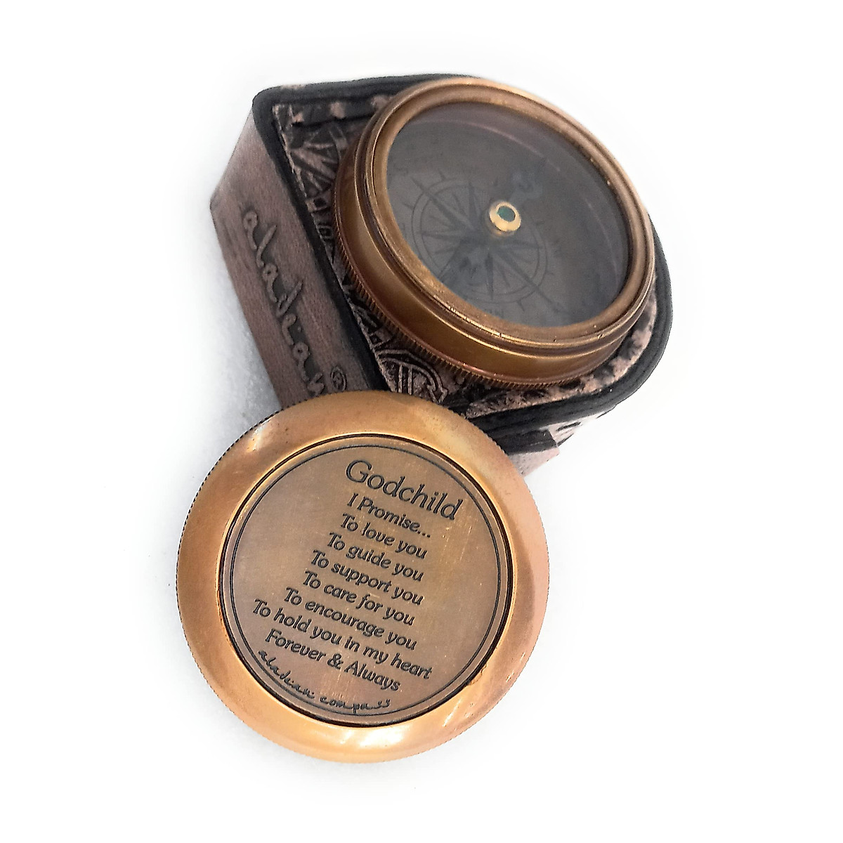 Gift for Godchild Compass | Godson Goddaughter - I Promise to Love You Baptism Gifts Christian Communion Confirmation Christmas Birthday Gifts for Boys Girls Kids (with Leather Case)