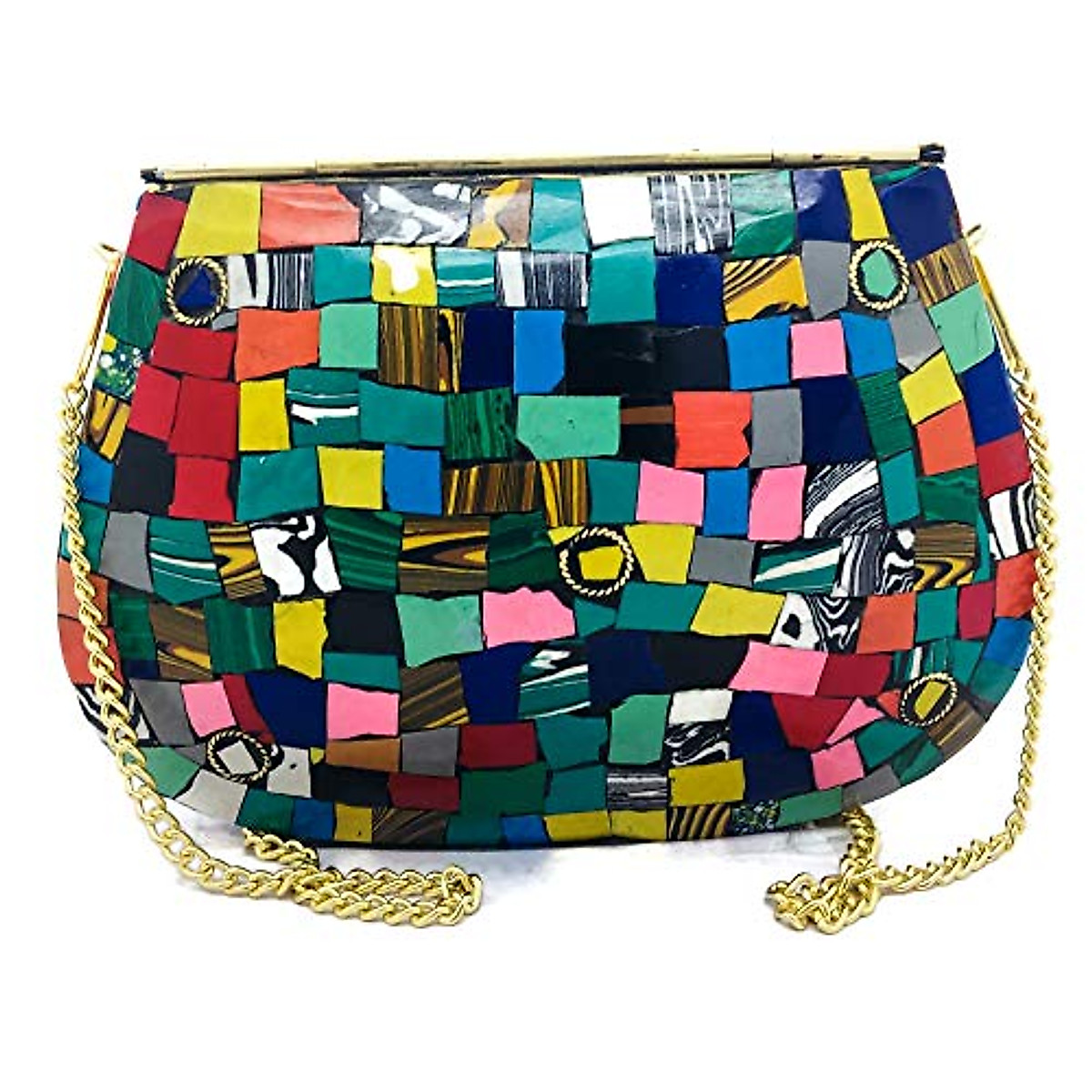 Antique Indian art Handmade Multi color Stone mosaic metal bag Women/Girls Bridal metal clutch party sling bag