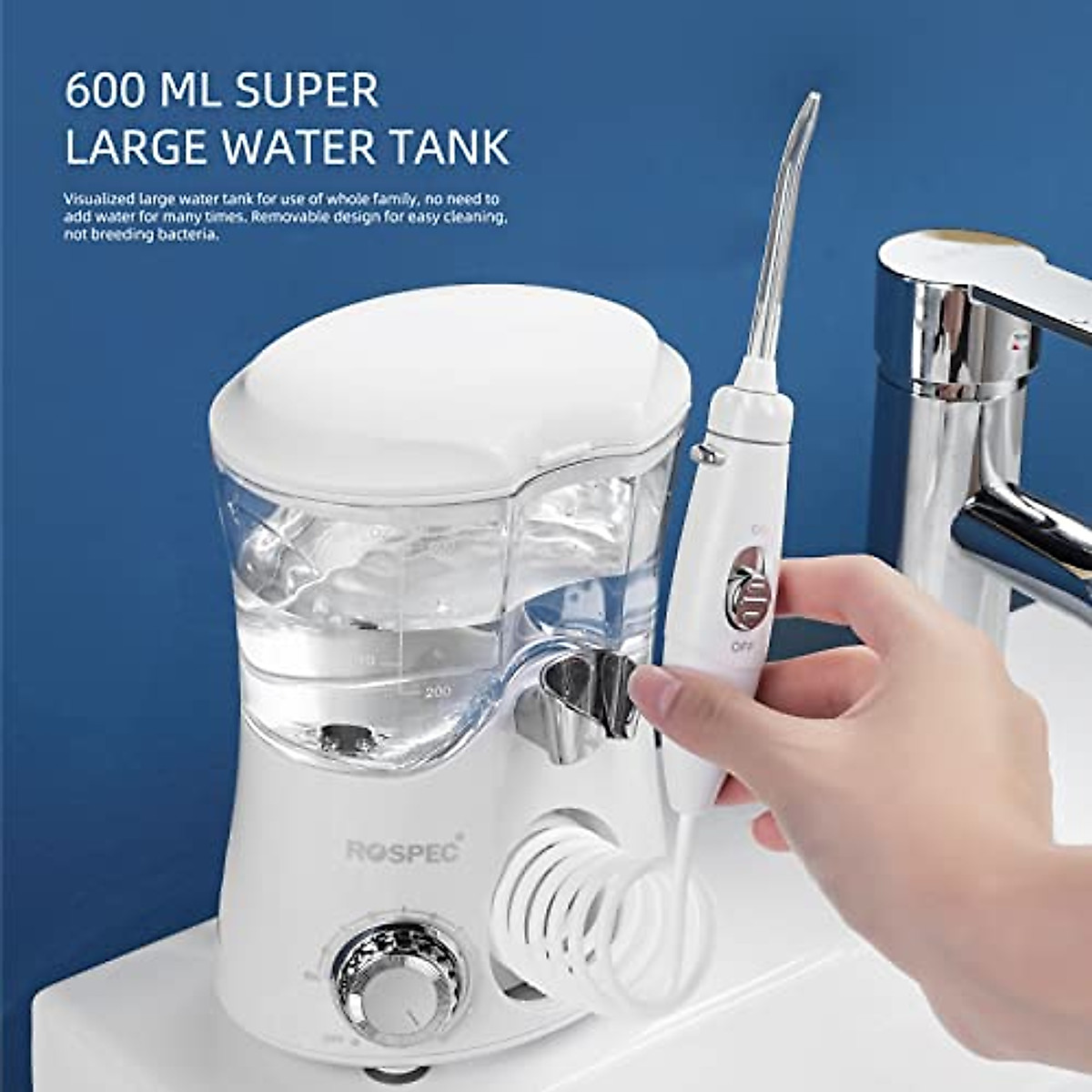 ROSPEC Dental Water Flosser with 7 Multifunctional Tips &a Oral cavity mirror,600ML Detachable Water Tank,10 Adjustable Pressure,For Adults & Kids – Waterproof,Electric Dental Pick Flosser (white)