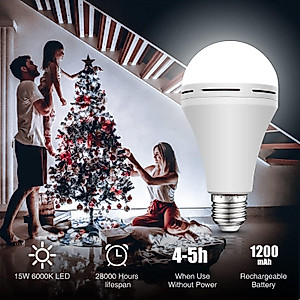 Neporal 4 Pack Emergency-Rechargeable-Light-Bulb, Stay Lights Up When Power Failure, 1200mAh 15W 80W Equivalent LED Light Bulbs for Home, Camping, Tent (E27, with Hook) (Daylight)