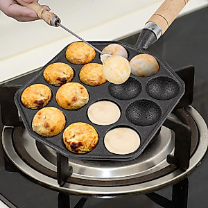DOERDO Cast Iron Takoyaki Pan, 14 Holes Takoyaki Maker Meat Ball Mold Nonstick Baking Tray for Octopus Balls, 6.5 Inch