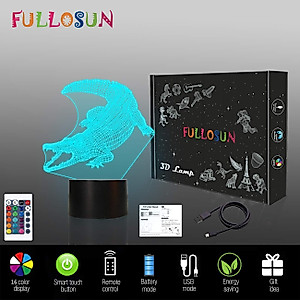 FULLOSUN Crocodile Gifts, 3D Alligator Night Light for Children with Remote Control, Timer, 16 Colors Changeable Christmas Birthday Gifts Suitable for Boys Aged Above 3, 4, 5, 6 +