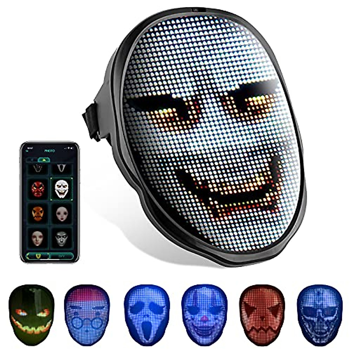 Halloween Mask LED Face Transforming Mask with Bluetooth Programmable for Halloween Masquerade Costumes Cosplay Party Light Up Mask for Adult Men Women, APP or Gesture Control, Rechargeable