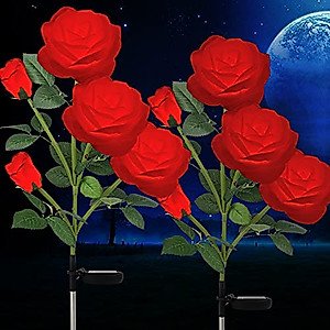 HELESIN Solar Rose Flower Lights, 10 Roses Solar Flowers Lights Outdoor Garden Waterproof 2 Pack, Solar Decorative Lights for Patio Pathway Courtyard Garden Lawn, Red