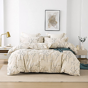 homebox Cotton Duvet Cover Set - 100% Egyptian Cotton Cream Branch Print Bedding Set Queen Size - 1200 Thread Count Breathable and Textured Duvet Cover Set for All Seasons(Queen, 90x90'')