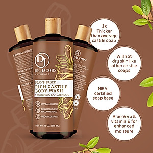 DR. JACOBS NATURALS Castile Sandalwood All-Natural Body Wash for Moisturizing Dry and Sensitive Skin Shampoo with Plant-Based Ingredients Gluten, Preservatives-Free Formula - 32 oz, Pack of 1
