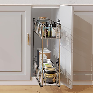 Glolaurge Pull Out Cabinet Organizer 5" W x 21" D, 2-Tier Narrow Kitchen Cabinet Drawer Slide Out Shelves, Chrome