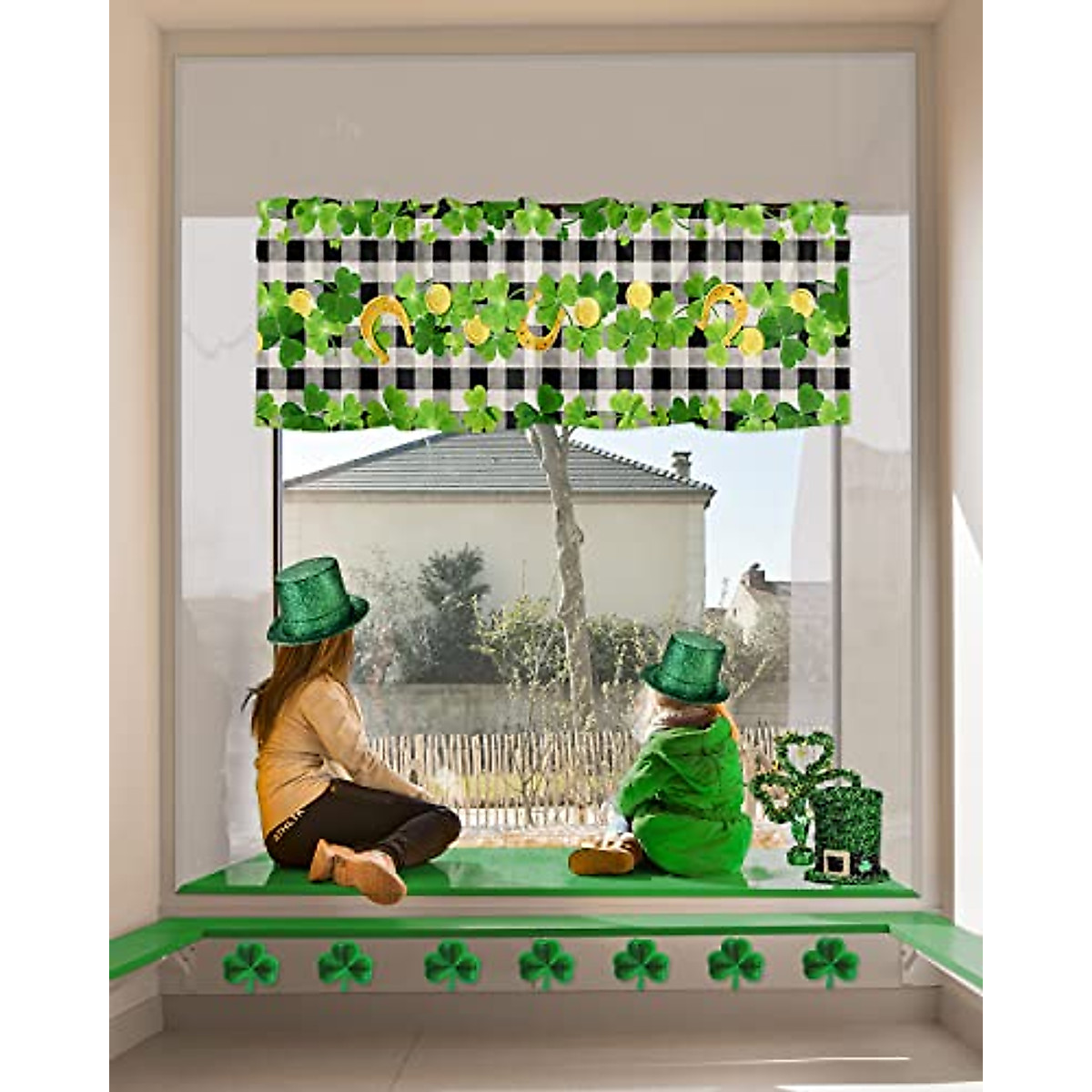 Curtain Valance for Windows St. Patrick's Day Clover Leaf Horseshoe Gold Kitchen Valances Rod Pocket Short Curtains,Black White Plaid Window Treatment Panel for Living Room Bathroom Bedroom 42x12in