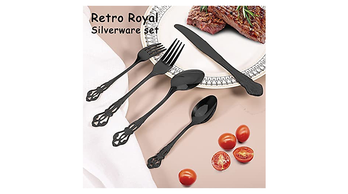 Black Silverware Set for 4 - Elegant Retro Royal Flatware Set