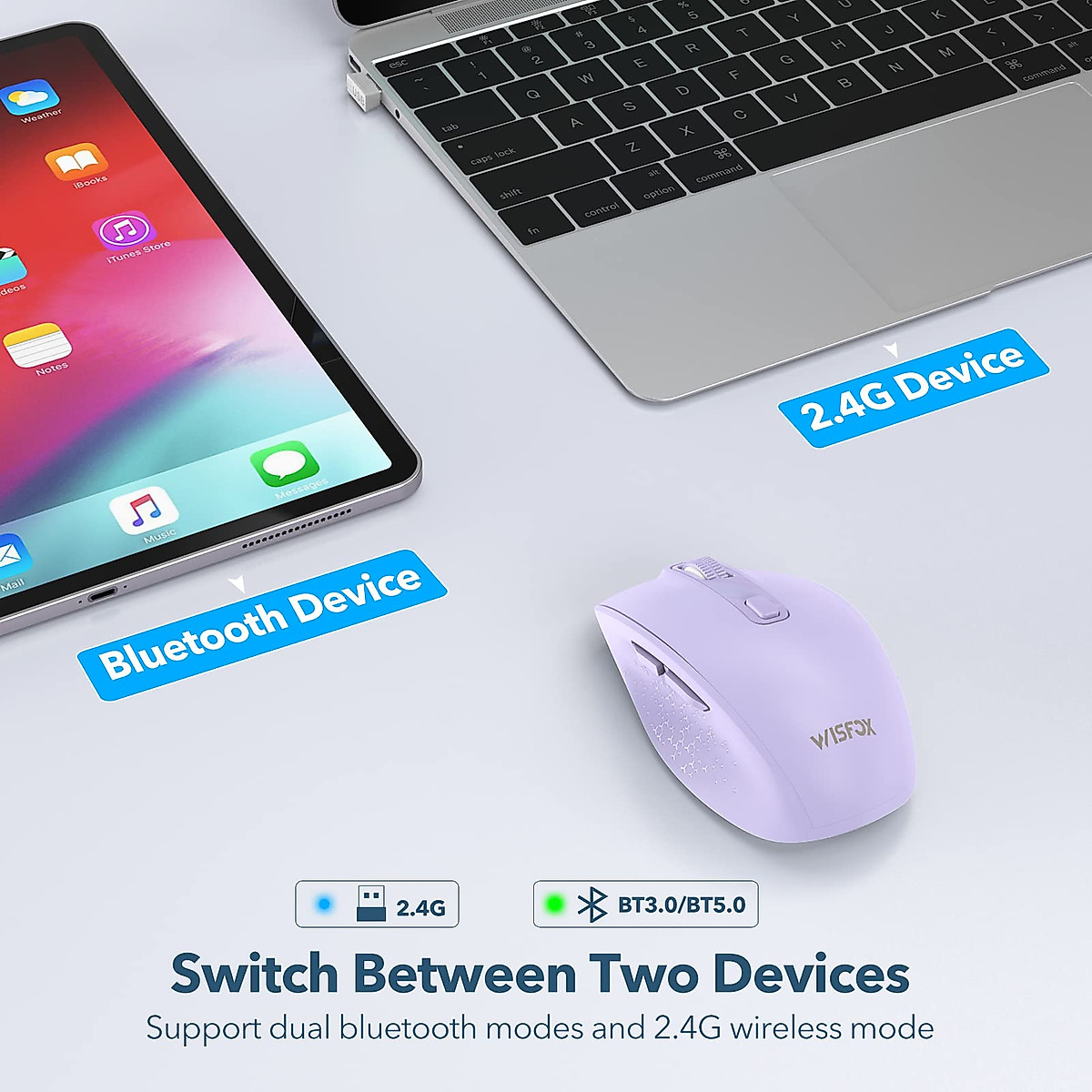 WisFox Bluetooth Mouse, Silent Wireless Mouse Come with 2 Modes (Bluetooth 3.0/5.0 + USB), Multi-Device Portable Cordless Mouse for Laptop, iPad, MacOS, PC, Windows, Android (Purple)