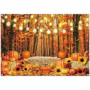 YCUCUEI 7x5ft Fall Forest Photography Backdrop Woodland Pumpkin Landscape Maple Leaves Barn Haystack Background Thanksgiving Party Decoration Harvest Photo Booth