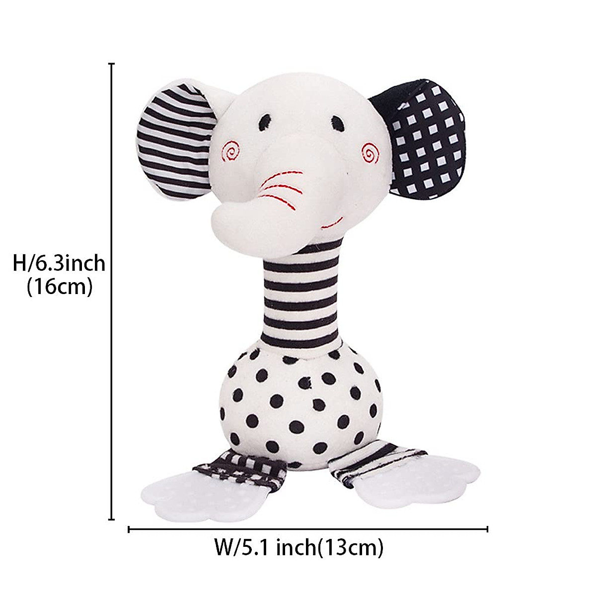 D-KINGCHY Baby Toys 0-12 Months, Black and White Newborn Toys, Soft Plush Rattle Stuffed Animal Toy with Teether and Sound, Developmental Hand Grip Toys (Elephant)