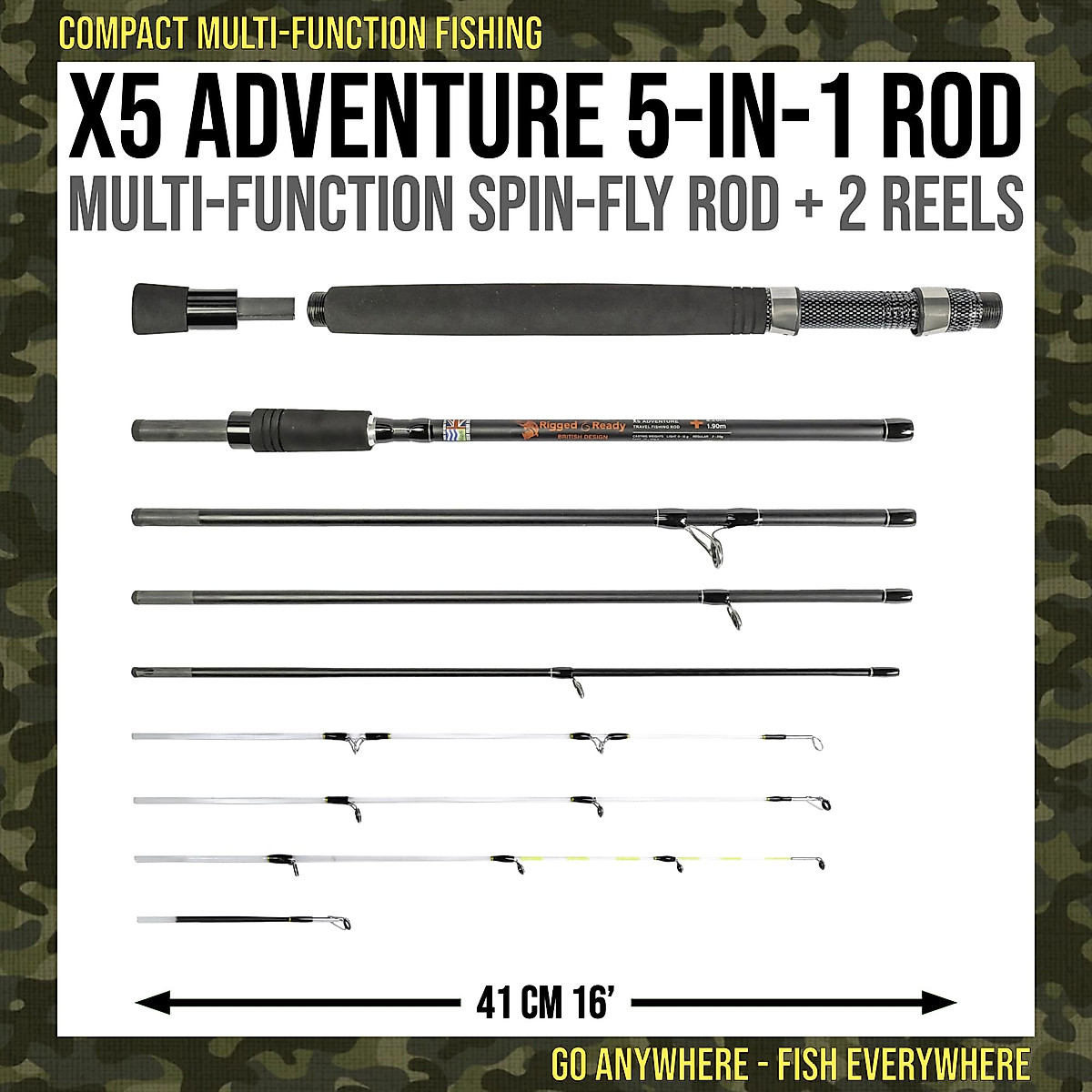 Rigged and Ready X5 Travel Fishing Combination.Super Compact,Carry Size 40cm(15.8’),Multi-Functional Rod+4 Tips,1 Spin Reel +1 Fly Reel + case. 1 Rod 5 Fishing Options.2.22m(7’ 3”)+1.9m (6'3") Length