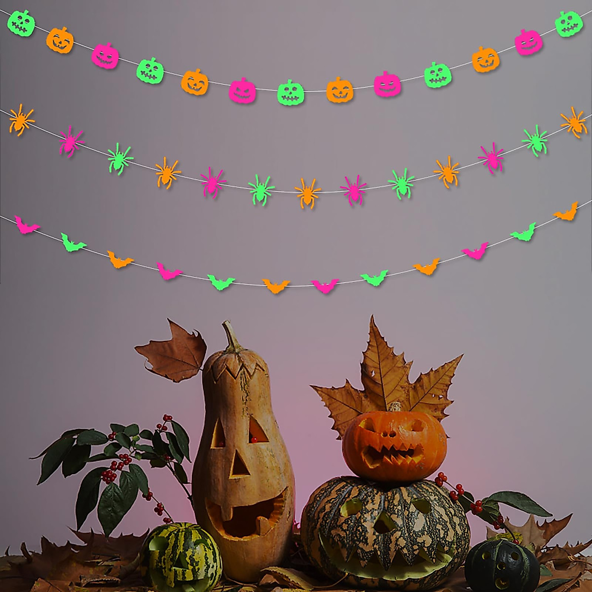 Halloween Party Decorations Neon Banner - 3pcs Glow in The Dark Paper Pumpkin Bats Spiders Hanging Swirls Streamers,Window Fireplace Room Ceiling Garland, Baby Shower Birthday Supplies Decor Panduola