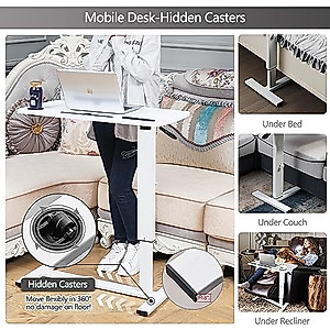 BeGyoku Overbed Table,Hospital Bed Table,Pneumatic Bed Tables Adjustable Over The Bed with Hidden Wheels&USB Port,Mobile Laptop Table Cart and Rolling Bedside Table with Tray Hospital Home Use-White